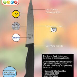 The Kosher Cook Black Kitchen Knife – 6” Steak and Vegetable Knife - Razor Sharp Pointed Tip, Straight Edge - Color Coded Kitchen Tools