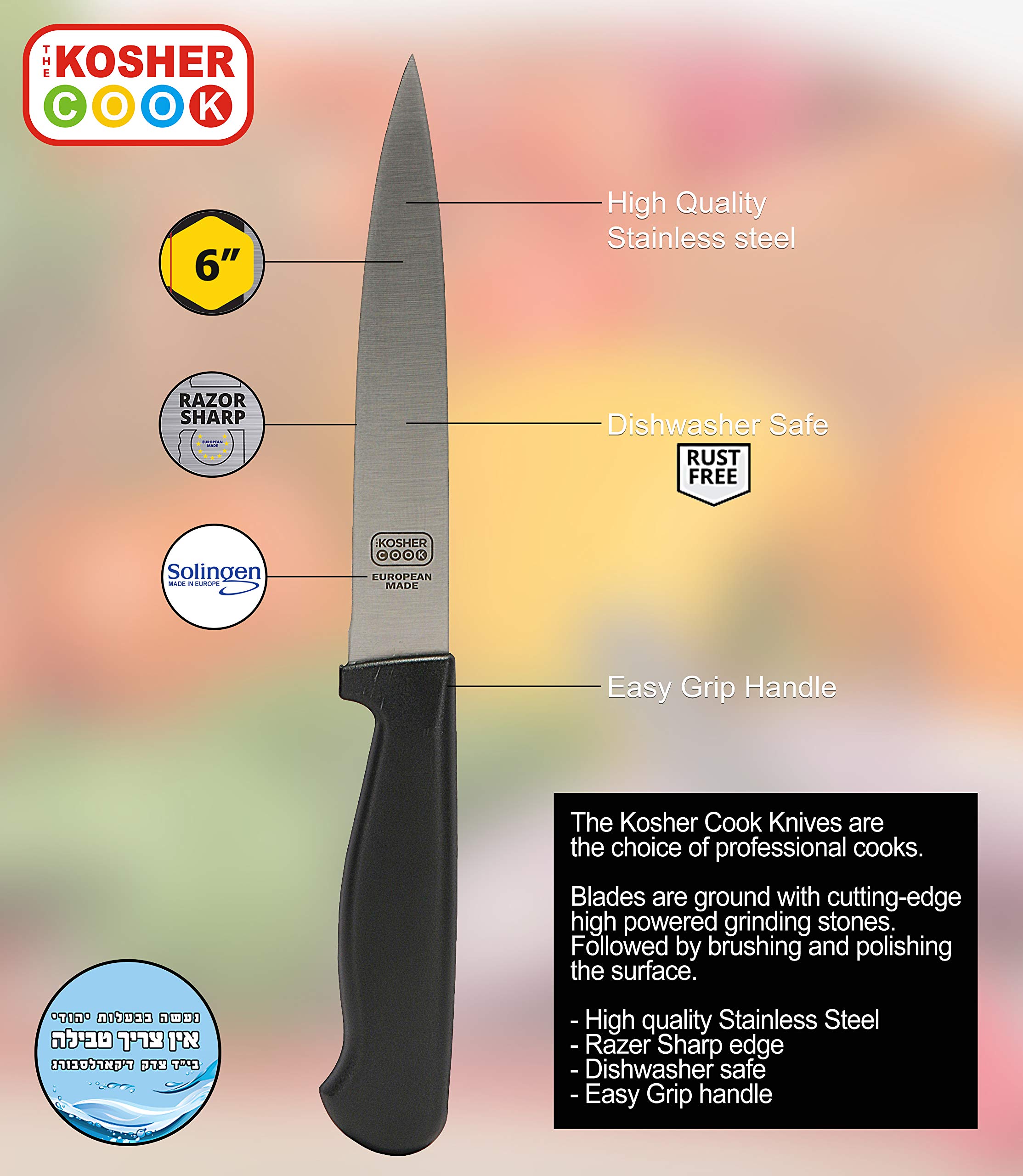 The Kosher Cook Black Kitchen Knife – 6” Steak and Vegetable Knife - Razor Sharp Pointed Tip, Straight Edge - Color Coded Kitchen Tools