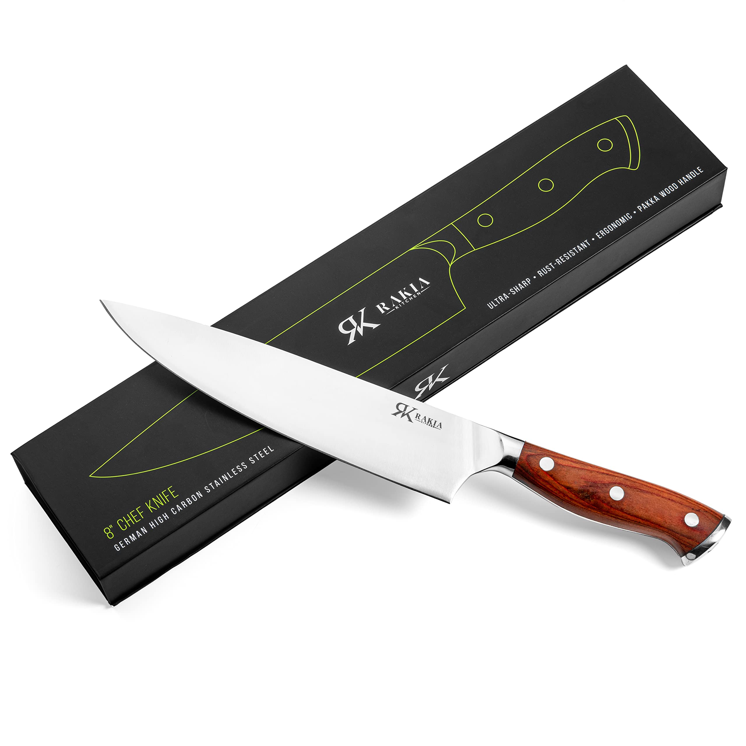 Chef Knife - Pro Kitchen Knife - 8 Inch Chef’s Knife - German High Carbon Stainless Steel Sharp Kitchen Knife With Ergonomic Pakka Wood Handle - 8" Professional Chefs Knife - Comes In a Gift Box