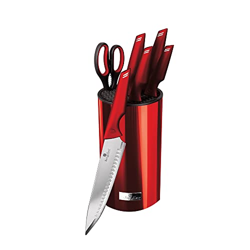 Berlinger Haus Kitchen Knife Set with Block, 7 Piece Knives Set for Kitchen, Modern Cooking Knives with Kitchen Shears, Sharp Cutting Stainless Steel Chef Knife Set with Mobile Stand, Red