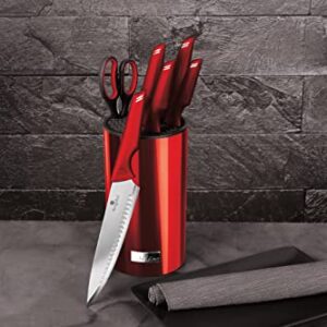 Berlinger Haus Kitchen Knife Set with Block, 7 Piece Knives Set for Kitchen, Modern Cooking Knives with Kitchen Shears, Sharp Cutting Stainless Steel Chef Knife Set with Mobile Stand, Red