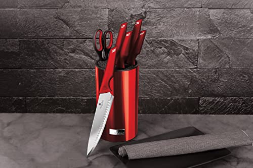 Berlinger Haus Kitchen Knife Set with Block, 7 Piece Knives Set for Kitchen, Modern Cooking Knives with Kitchen Shears, Sharp Cutting Stainless Steel Chef Knife Set with Mobile Stand, Red