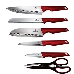 Berlinger Haus Kitchen Knife Set with Block, 7 Piece Knives Set for Kitchen, Modern Cooking Knives with Kitchen Shears, Sharp Cutting Stainless Steel Chef Knife Set with Mobile Stand, Red