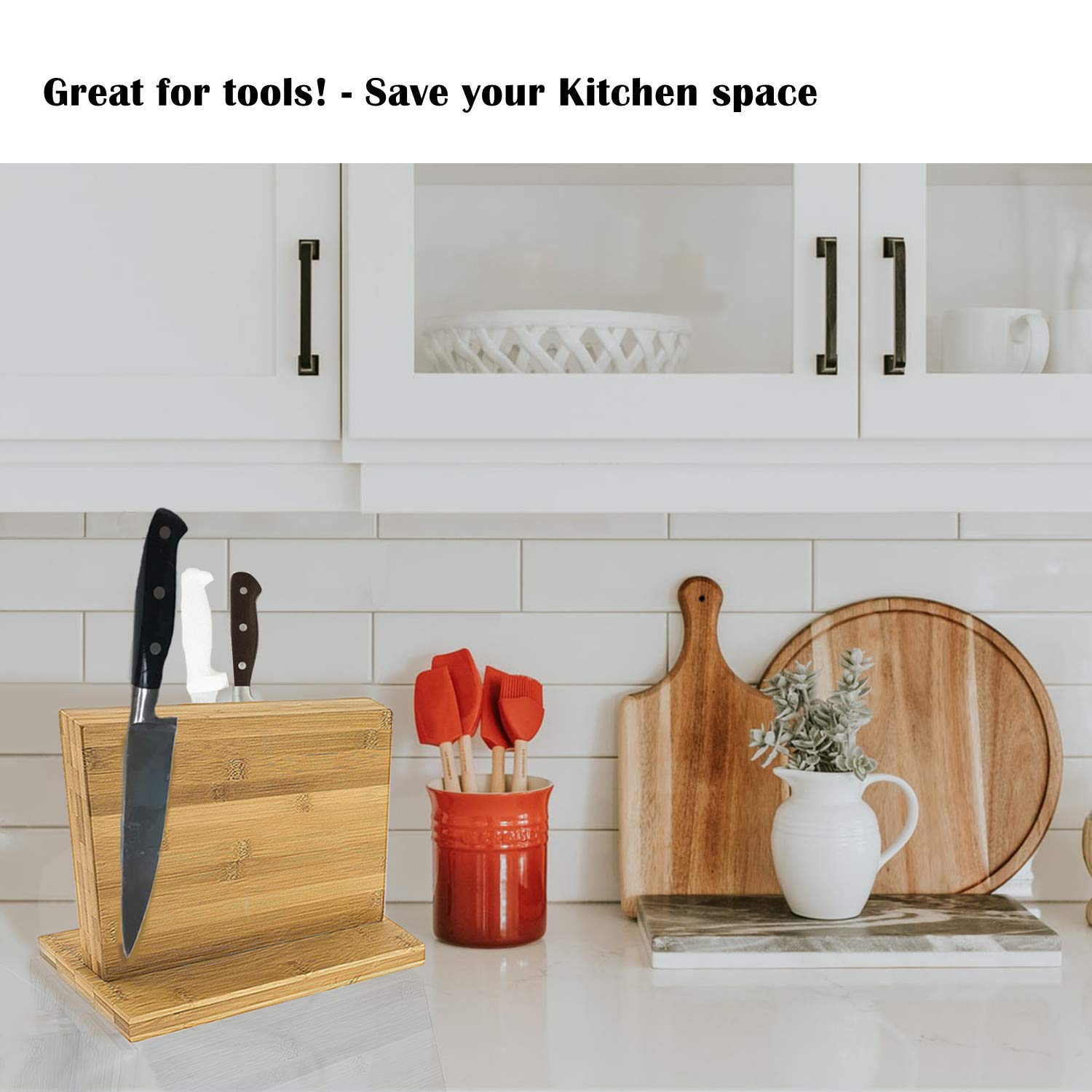 Knife Block Magnetic Universal Knives Holder Double Side Cutlery Display Natural Bamboo Knife Block Enjoy Safe & Bristle Free (12 inch)