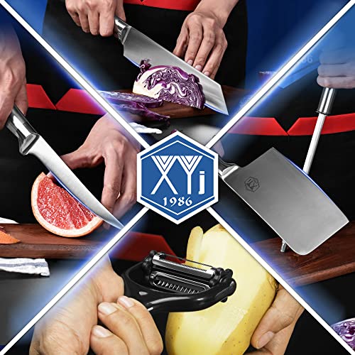 XYJ Authentic Since 1986,9-pieces Professional Japanese Chef Knife Set With Roll Bag,Vegetable Slicer Peeler Stainless Steel Slicing Bread Santoku Knife Kitchen Cutting Cooking Tools Set