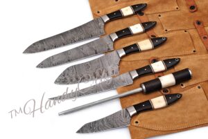 handycrafts hk71 damascus chef knife set of 6 pieces professional utility japanese style bbq steel with black american wood and camel bone leather sheath cover, hc71, black/white, 11 x 3 x 2 inches