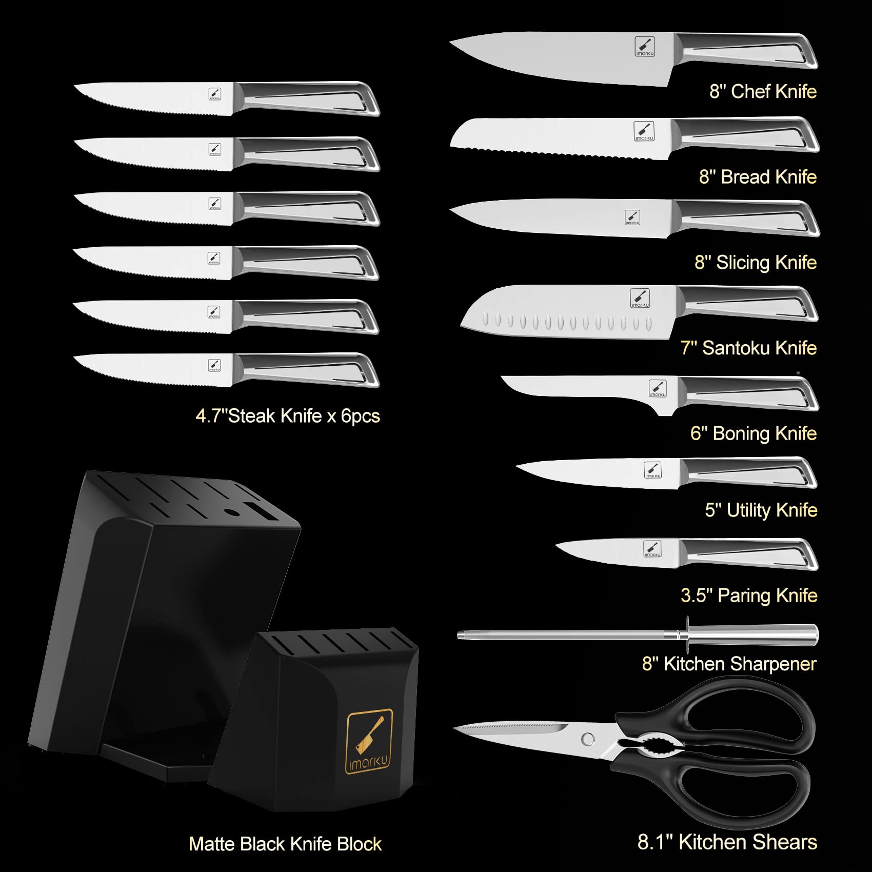 Knife Set, imarku 16 PCS Kitchen Knife Set with Block, High Carbon Stainless Steel Ultra Sharp Knife Block Set with Hollow Handle and Removable Block, Dishwasher Safe Kitchen Knives