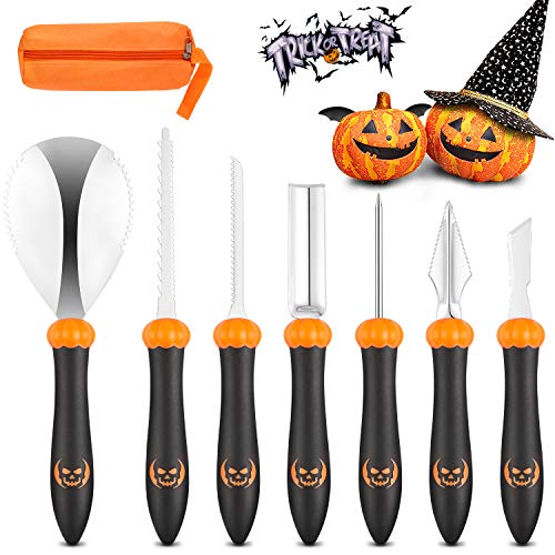 KDKD Pumpkin Carving Kit 7Pcs Halloween Professional Sculpting, Cutting and Carving Knife Supplies for Jack-O-Lanterns,Balck Easy Grip handle with Orange Pumpkin Pattern.