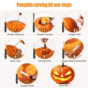 KDKD Pumpkin Carving Kit 7Pcs Halloween Professional Sculpting, Cutting and Carving Knife Supplies for Jack-O-Lanterns,Balck Easy Grip handle with Orange Pumpkin Pattern.