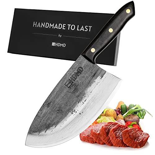 HDMD Serbian Chef Knife 7.5 Inch Meat Cleaver with Gift Box Cleaver Knife for Meat Cutting Hand Forged Knives High Carbon Steel Butcher Knife Full Tang Kitchen Cleaver Knife for Home, Camping