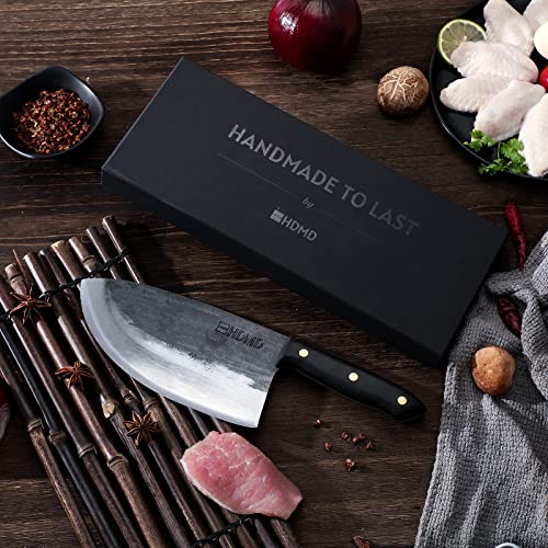 HDMD Serbian Chef Knife 7.5 Inch Meat Cleaver with Gift Box Cleaver Knife for Meat Cutting Hand Forged Knives High Carbon Steel Butcher Knife Full Tang Kitchen Cleaver Knife for Home, Camping