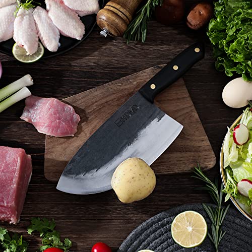 HDMD Serbian Chef Knife 7.5 Inch Meat Cleaver with Gift Box Cleaver Knife for Meat Cutting Hand Forged Knives High Carbon Steel Butcher Knife Full Tang Kitchen Cleaver Knife for Home, Camping