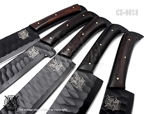 SHINY CRAFTS | Handmade Forged Black Coated Kitchen Knife Set with Wangi wood handle and Damascus Steel Blade, Chef’s Knives set with Leather Pouch Roll and Razor-Sharp Blade (CS-13)