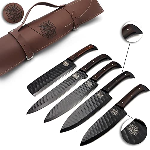 SHINY CRAFTS | Handmade Forged Black Coated Kitchen Knife Set with Wangi wood handle and Damascus Steel Blade, Chef’s Knives set with Leather Pouch Roll and Razor-Sharp Blade (CS-13)