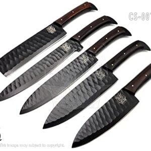 SHINY CRAFTS | Handmade Forged Black Coated Kitchen Knife Set with Wangi wood handle and Damascus Steel Blade, Chef’s Knives set with Leather Pouch Roll and Razor-Sharp Blade (CS-13)