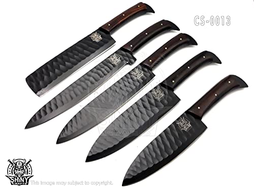 SHINY CRAFTS | Handmade Forged Black Coated Kitchen Knife Set with Wangi wood handle and Damascus Steel Blade, Chef’s Knives set with Leather Pouch Roll and Razor-Sharp Blade (CS-13)