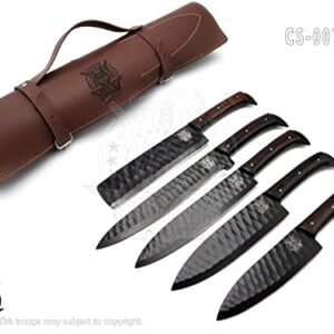 SHINY CRAFTS | Handmade Forged Black Coated Kitchen Knife Set with Wangi wood handle and Damascus Steel Blade, Chef’s Knives set with Leather Pouch Roll and Razor-Sharp Blade (CS-13)