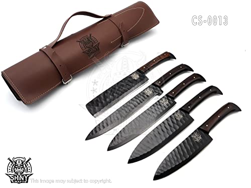 SHINY CRAFTS | Handmade Forged Black Coated Kitchen Knife Set with Wangi wood handle and Damascus Steel Blade, Chef’s Knives set with Leather Pouch Roll and Razor-Sharp Blade (CS-13)