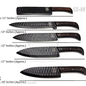 SHINY CRAFTS | Handmade Forged Black Coated Kitchen Knife Set with Wangi wood handle and Damascus Steel Blade, Chef’s Knives set with Leather Pouch Roll and Razor-Sharp Blade (CS-13)