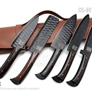 SHINY CRAFTS | Handmade Forged Black Coated Kitchen Knife Set with Wangi wood handle and Damascus Steel Blade, Chef’s Knives set with Leather Pouch Roll and Razor-Sharp Blade (CS-13)