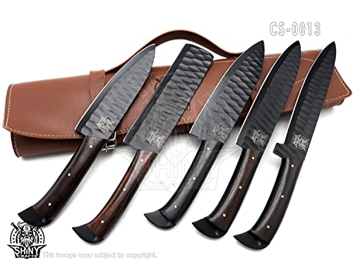 SHINY CRAFTS | Handmade Forged Black Coated Kitchen Knife Set with Wangi wood handle and Damascus Steel Blade, Chef’s Knives set with Leather Pouch Roll and Razor-Sharp Blade (CS-13)