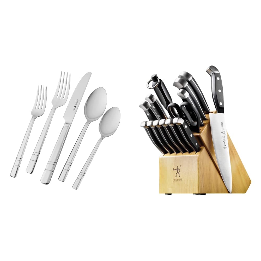 HENCKELS Flatware Set, 65-pc, Clear + HENCKELS Premium Quality 15-Piece Knife Set with Block