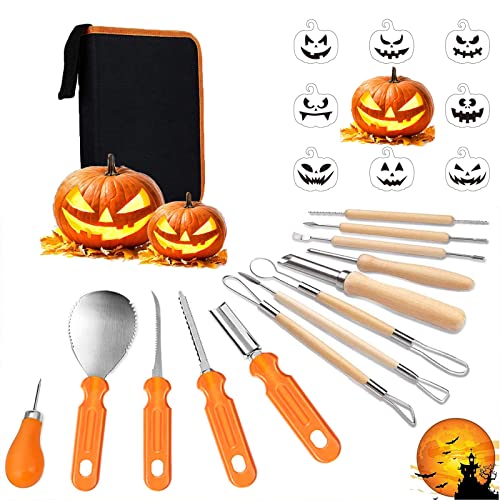 Halloween Pumpkin Carving Kit,13 Pieces Professional Stainless Steel Pumpkin Carving Tools Kit with 8 Carving Stencils Carrying Case-Carve Jack-O-Lanterns Halloween Decorations DIY