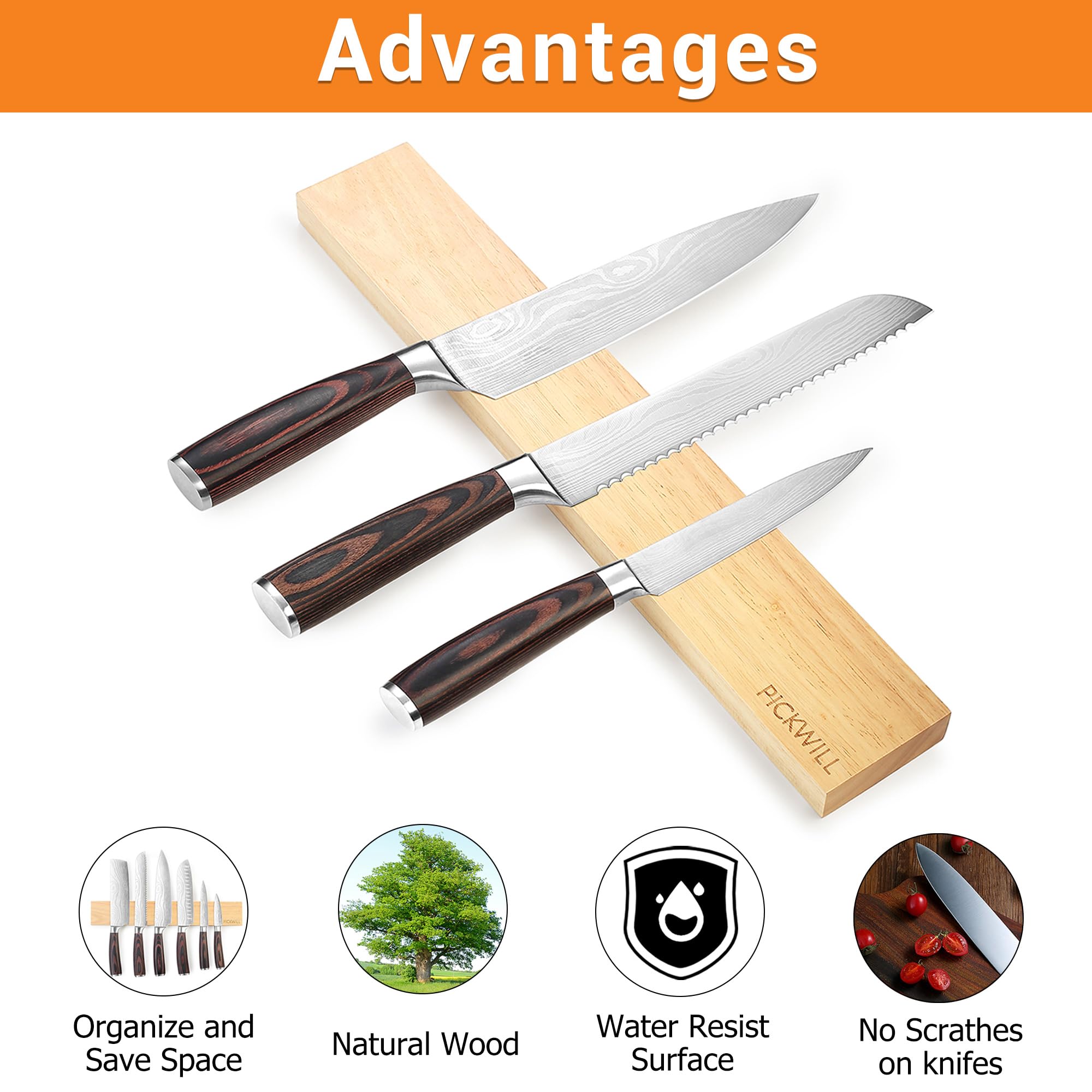 Magnetic Knife Holder for Wall, PICKWILL 16 Inch Magnetic Knife Strip, Powerful Wood Magnet Knife Rack for Kitchen Knives & Tools