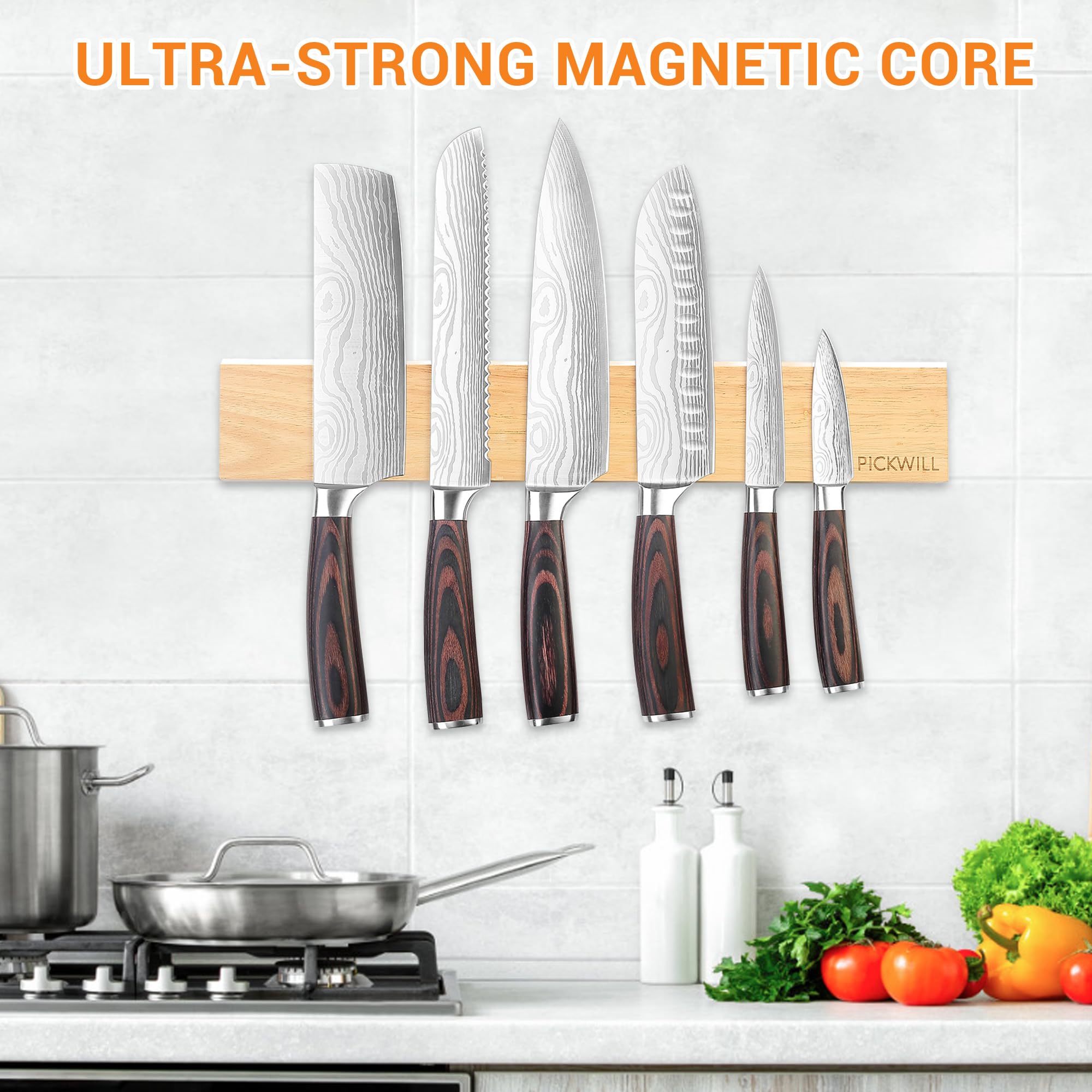 Magnetic Knife Holder for Wall, PICKWILL 16 Inch Magnetic Knife Strip, Powerful Wood Magnet Knife Rack for Kitchen Knives & Tools