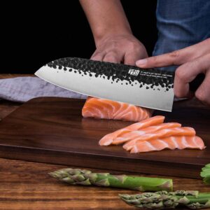 FINDKING Dynasty Series 7" Clad Steel Santoku knife and Magnetic Walnut Knife Edge Guard