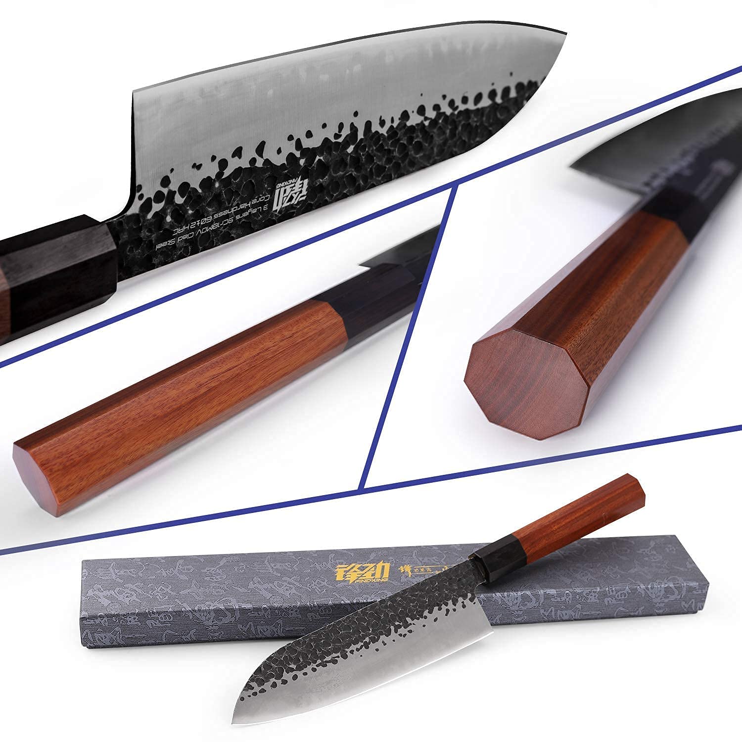 FINDKING Dynasty Series 7" Clad Steel Santoku knife and Magnetic Walnut Knife Edge Guard