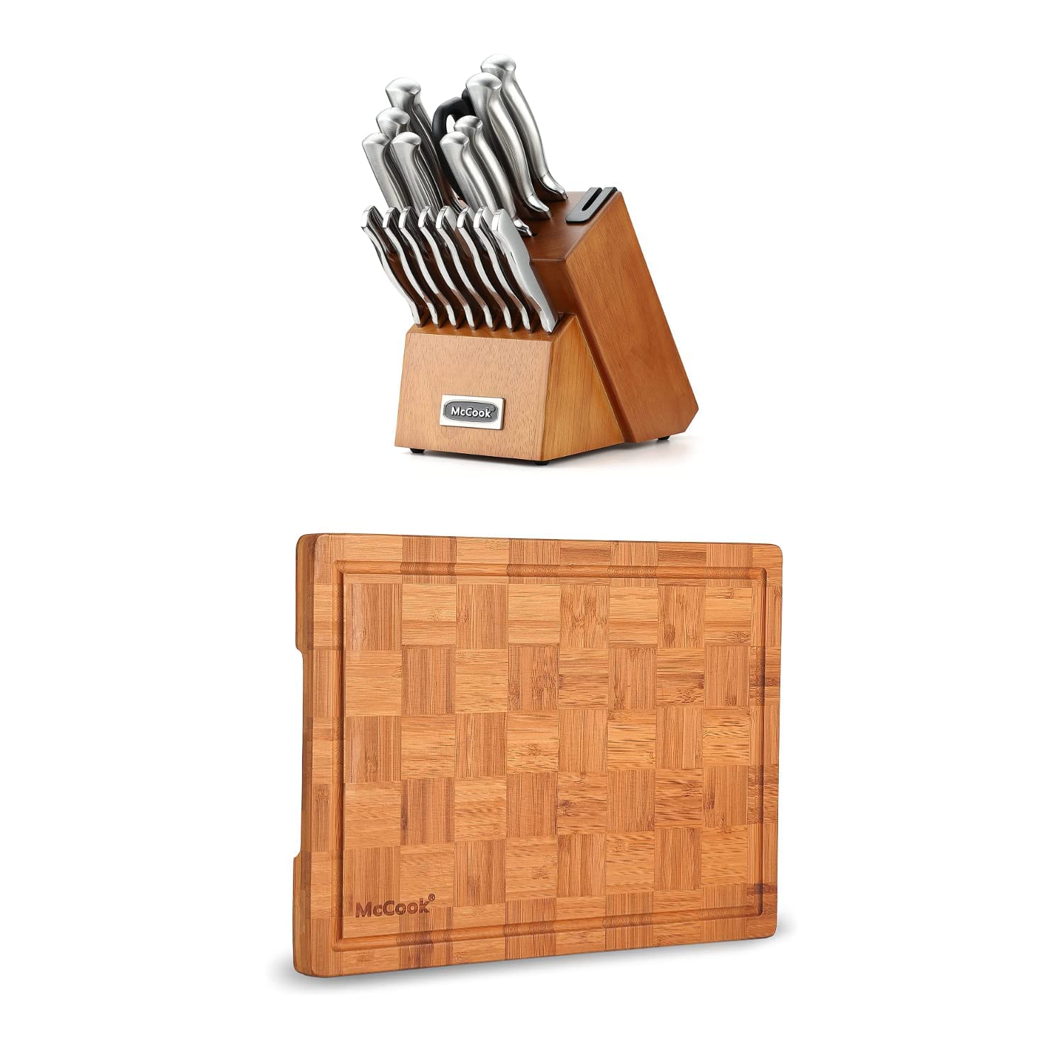 MC69W 20 Pieces German Stainless Steel Knives Block Set with Built-in Sharpener + MCW12 Bamboo Cutting Board(Large, 17"x12"x1")