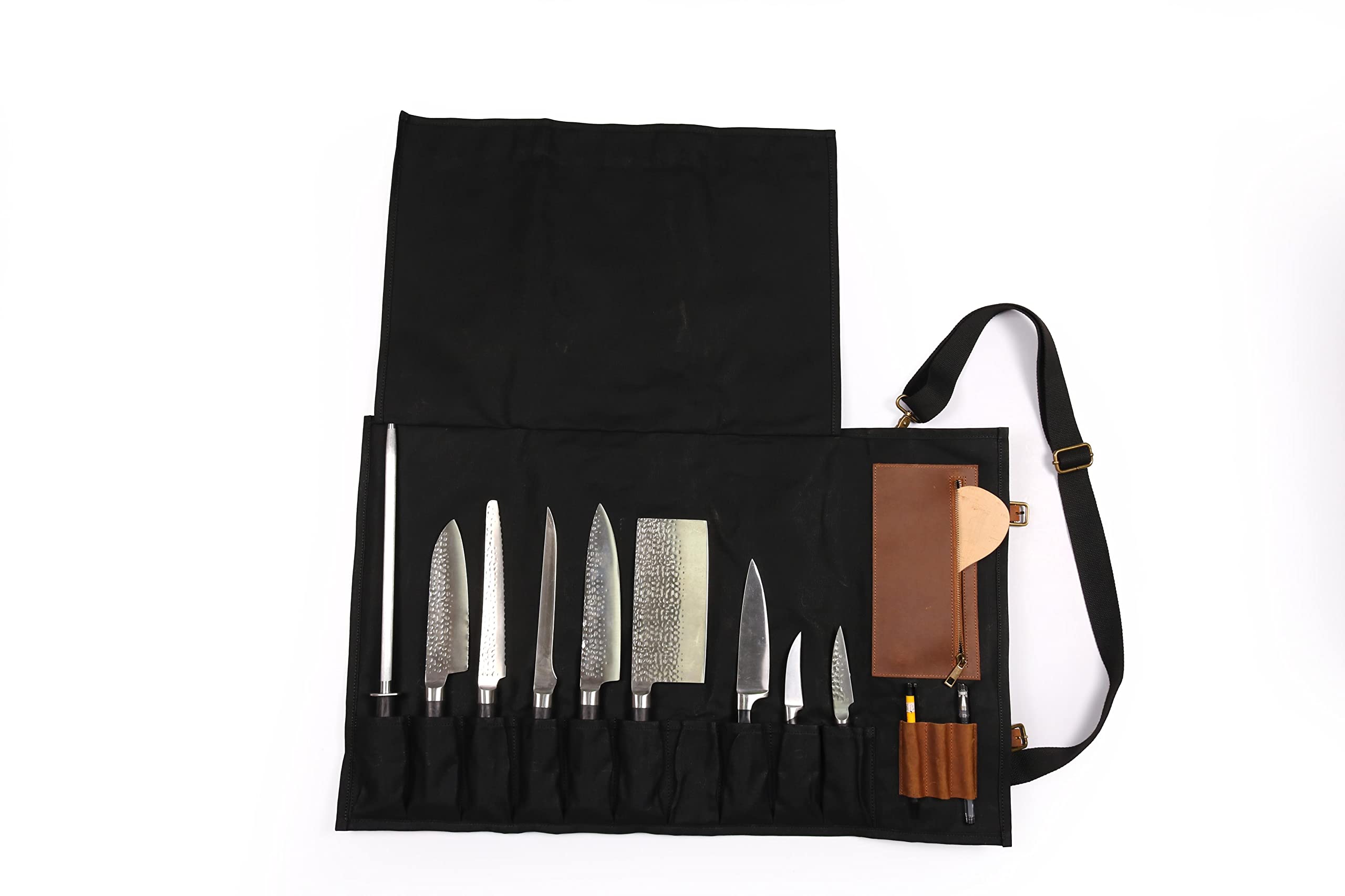 FAFOKitchen-Knife Roll - 12oz Heavy Duty Waxed Canvas & Top Grain Leather Roll Bag – 10 Slots - Interior and Rear Zippered Pockets – Carry Strap