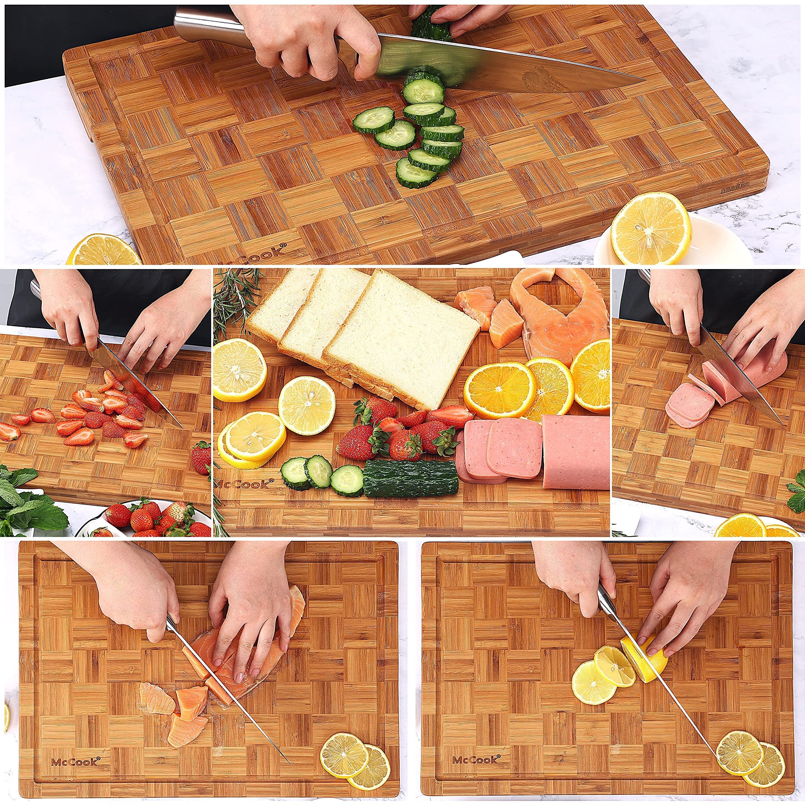 MC69W 20 Pieces German Stainless Steel Knives Block Set with Built-in Sharpener + MCW12 Bamboo Cutting Board(Large, 17"x12"x1")