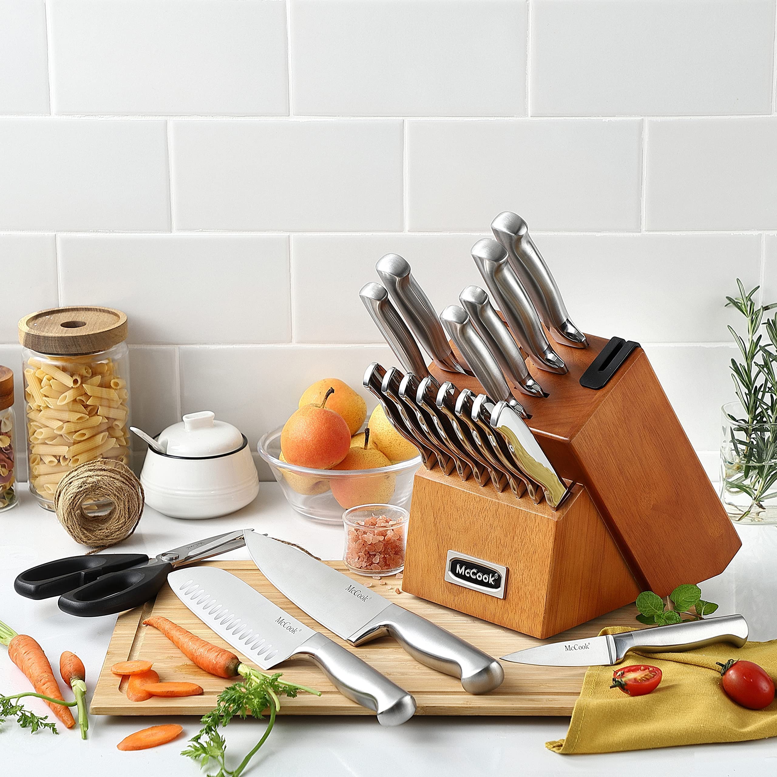 MC69W 20 Pieces German Stainless Steel Knives Block Set with Built-in Sharpener + MCW12 Bamboo Cutting Board(Large, 17"x12"x1")