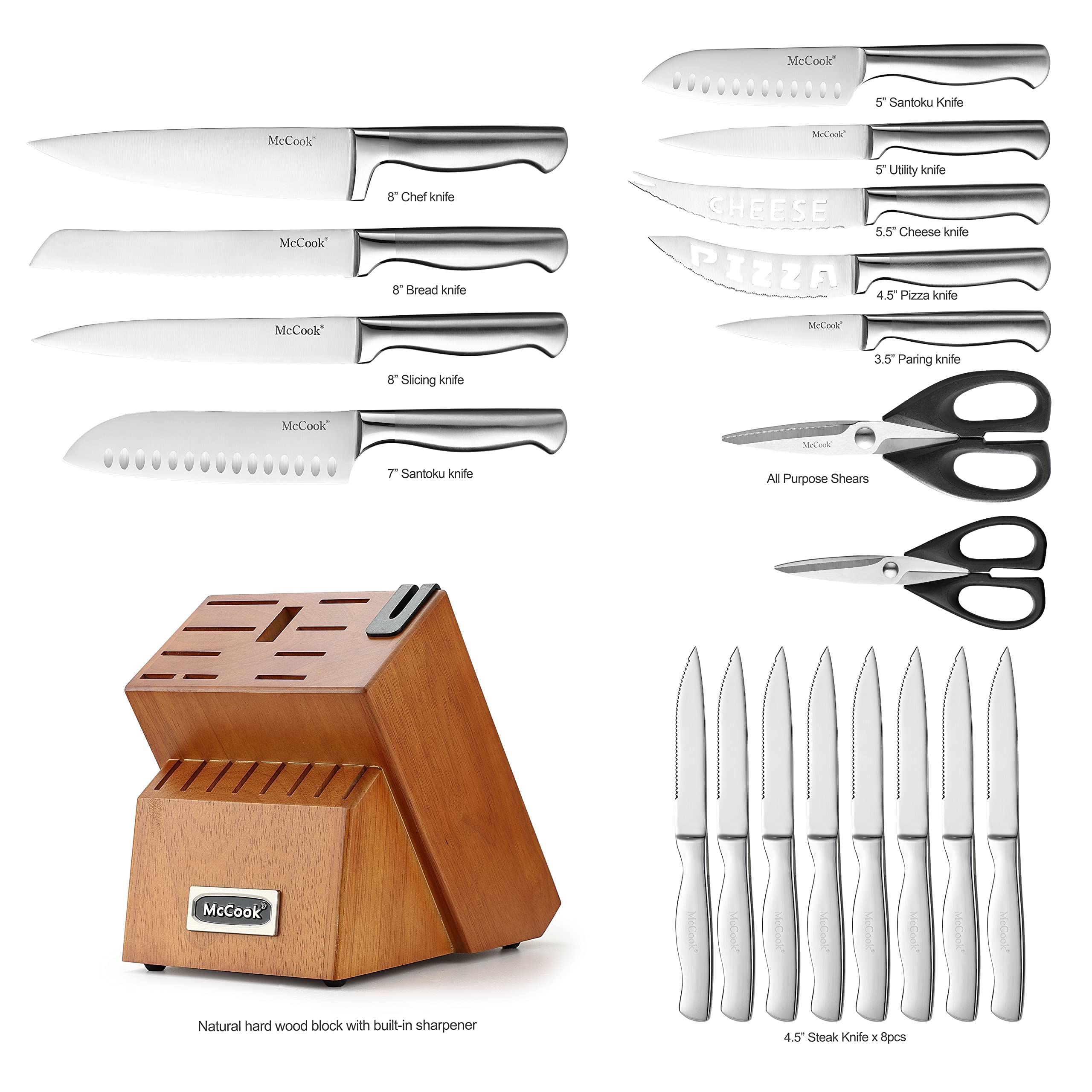 MC69W 20 Pieces German Stainless Steel Knives Block Set with Built-in Sharpener + MCW12 Bamboo Cutting Board(Large, 17"x12"x1")