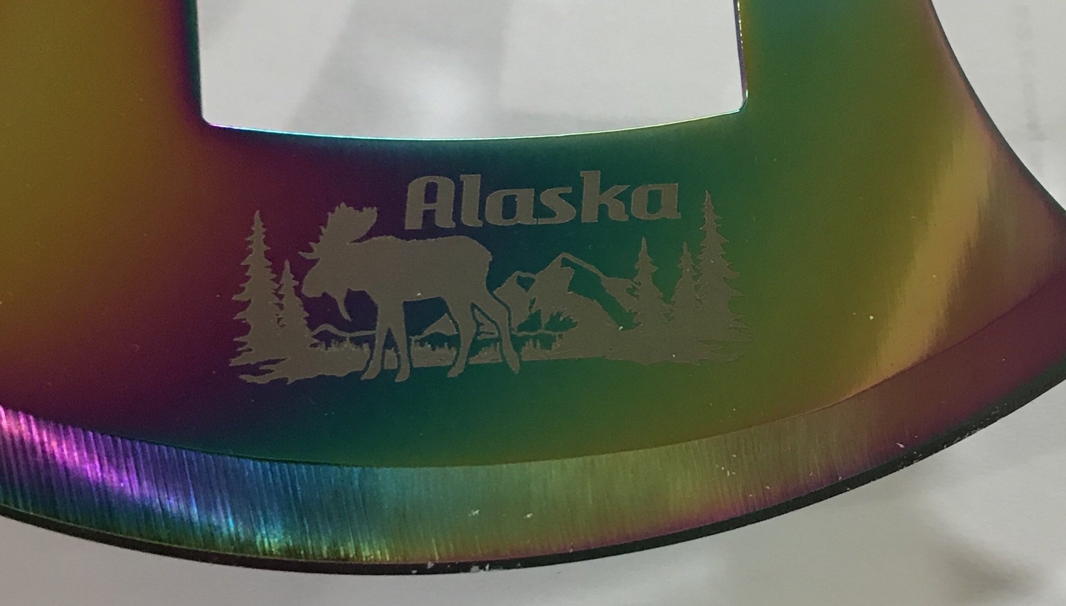 Alaska Alaskan Ulu Deep Dark Wood Handle Electroplated Blade Etched Moose Scene