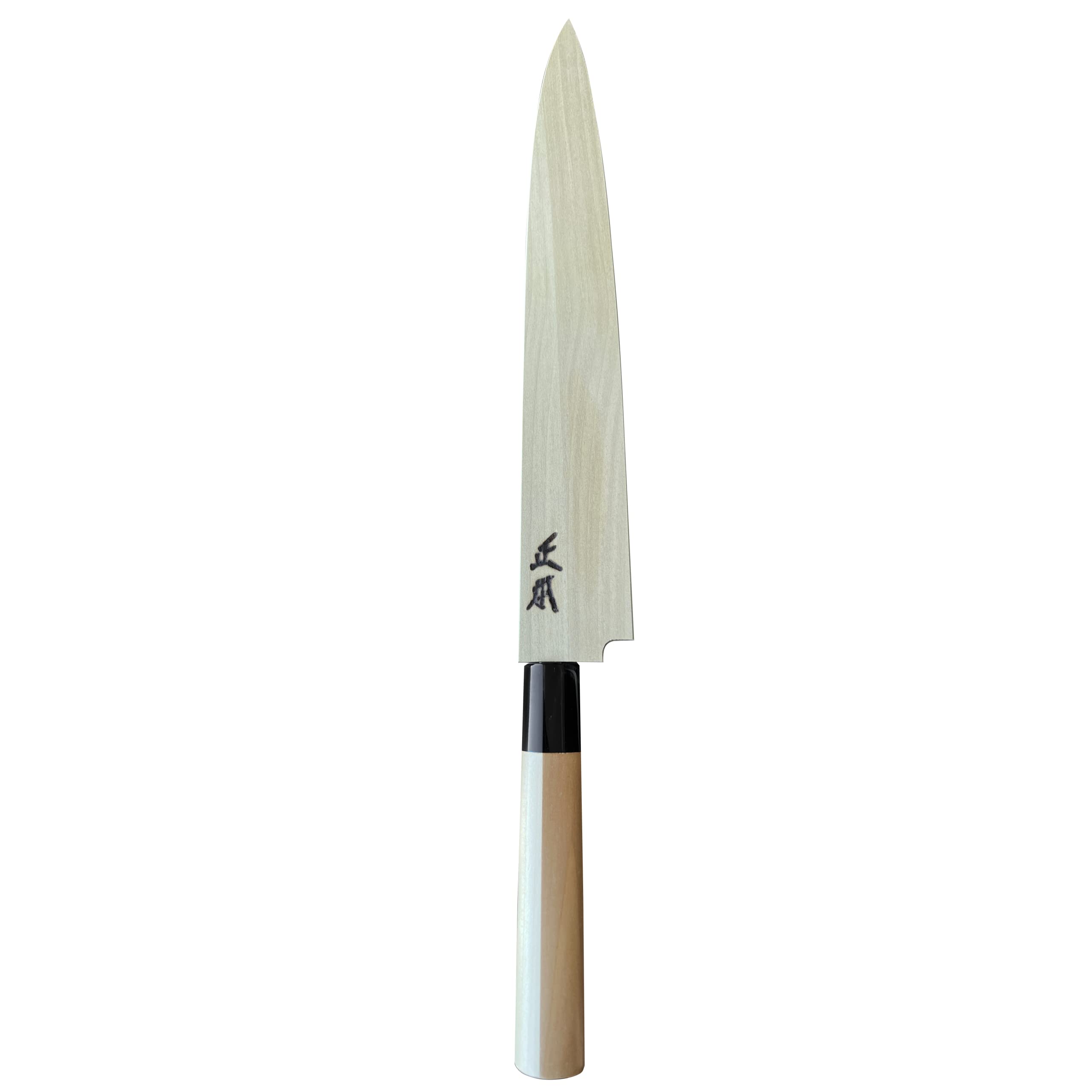 MASAMOTO KS Japanese Yanagiba Sushi Knife with Sheath 9.5" (240mm) [HONBAZUKE] Made in JAPAN, Professional Sashimi Knife, Ultra Sharp Japanese Carbon Steel Blade, Wood Wa Handle, Black Ferrule