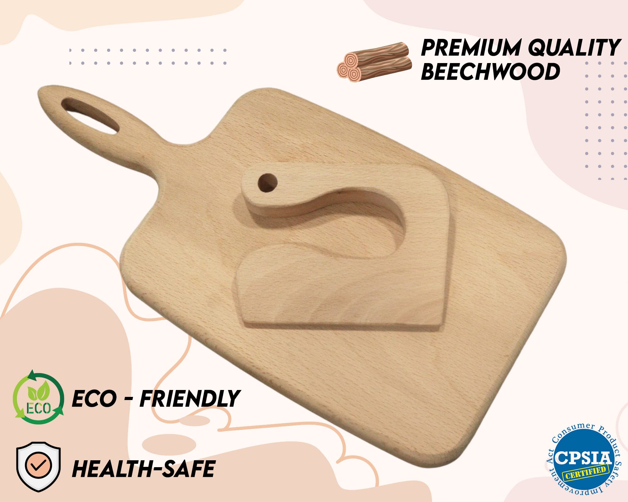 Wooden Kids Chopper Set Cutting Board and Safe Wooden Kids Knife Natural Thick Montessori Knife for Kids Toddlers Kitchen Tools Vegetable and Fruit Cutter Cooking 2Pcs