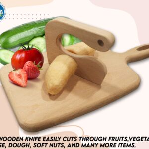 Wooden Kids Chopper Set Cutting Board and Safe Wooden Kids Knife Natural Thick Montessori Knife for Kids Toddlers Kitchen Tools Vegetable and Fruit Cutter Cooking 2Pcs