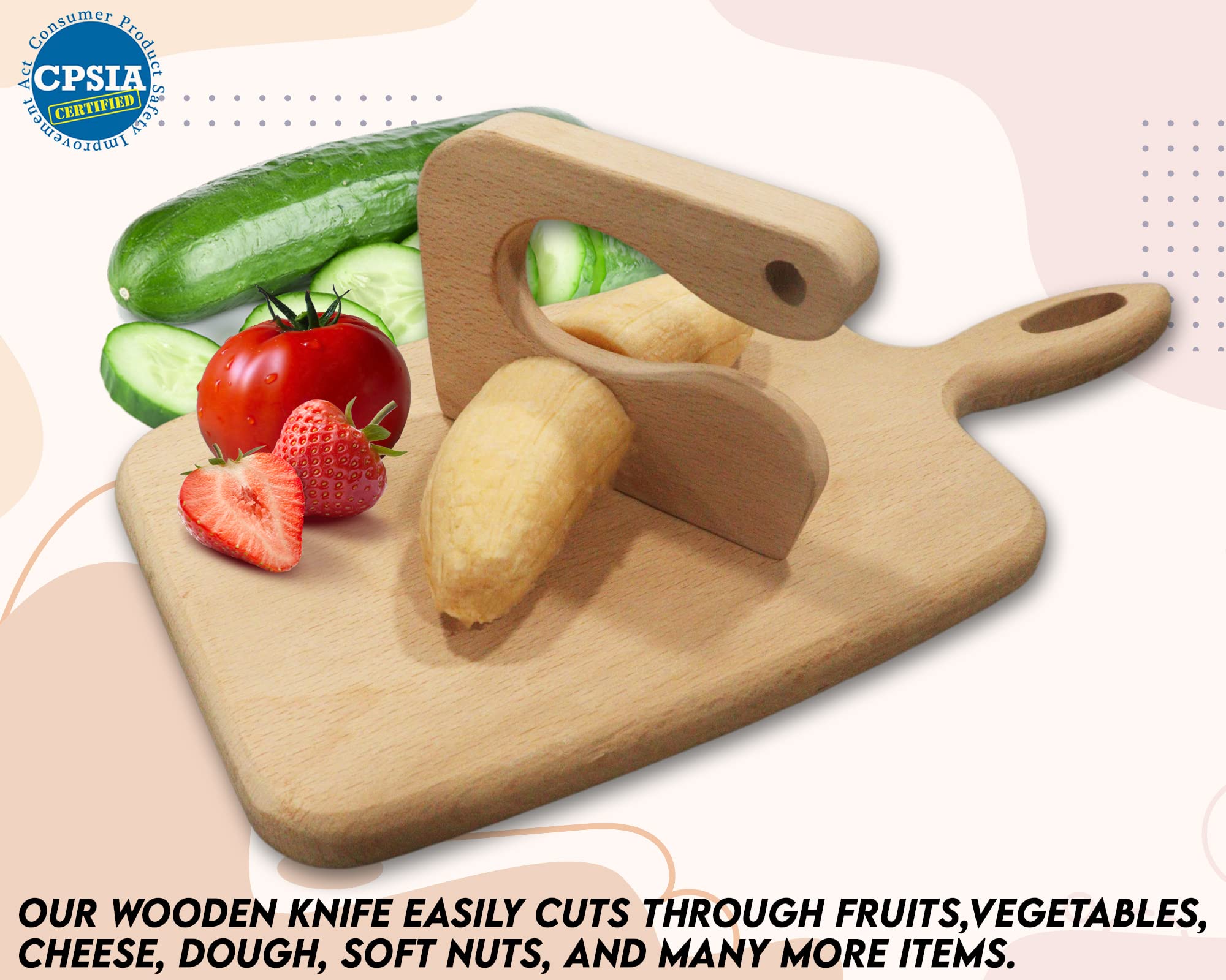 Wooden Kids Chopper Set Cutting Board and Safe Wooden Kids Knife Natural Thick Montessori Knife for Kids Toddlers Kitchen Tools Vegetable and Fruit Cutter Cooking 2Pcs