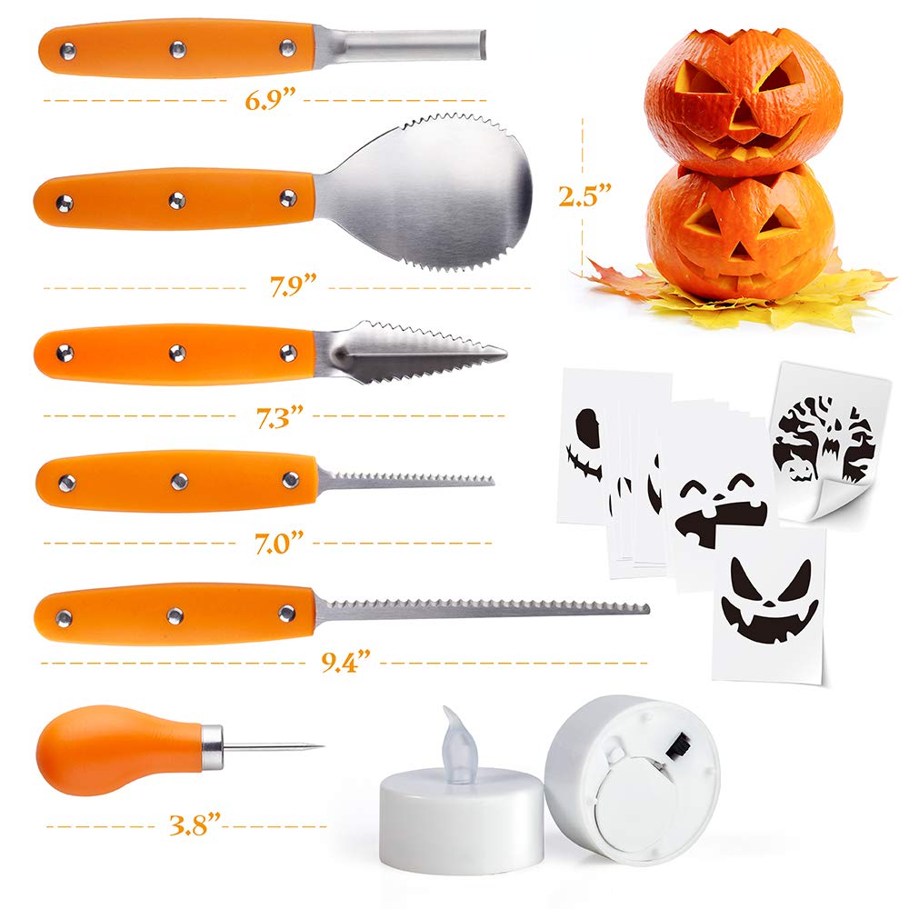 EPLST Halloween Pumpkin Carving Kit, 6 Pieces Heavy Duty Professional Stainless Steel Carving Tools Set for Halloween Decorations, Included 2 LED Candles & 10 Carving Stencils, Easily Sculpting Orange