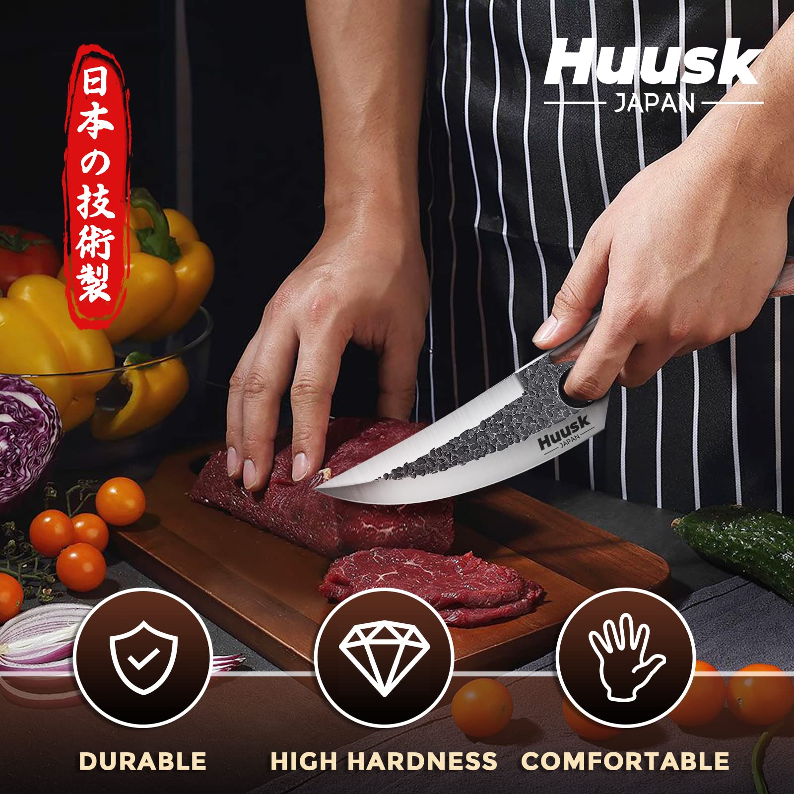 Huusk Upgraded 5.51 Inch Chef Knives Bundle with Small Meat Knife with Leather Sheath and Gift Box