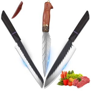 rococo santoku chef bread knife 7" feather viking knife set japanese forged in fire boning knife high carbon steel kitchen cleaver for outdoor camping bbq collection christmas gift men