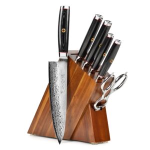 enso sg2 7 piece acacia slim knife block set - made in japan - 101 layer stainless damascus