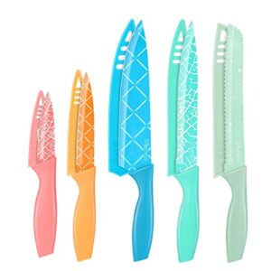 knife set, kitchen knife set with blade guards, 5 piece colorful knife set, stainless steel knives set for kitchen with chef knife, santoku knife, slice knife, utility knife, ​paring knife