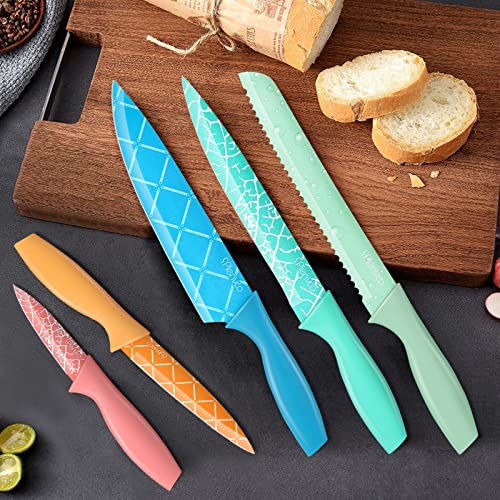 Knife Set, Kitchen Knife Set with Blade Guards, 5 Piece Colorful Knife Set, Stainless Steel Knives Set for Kitchen with Chef Knife, Santoku Knife, Slice Knife, Utility Knife, ​Paring Knife