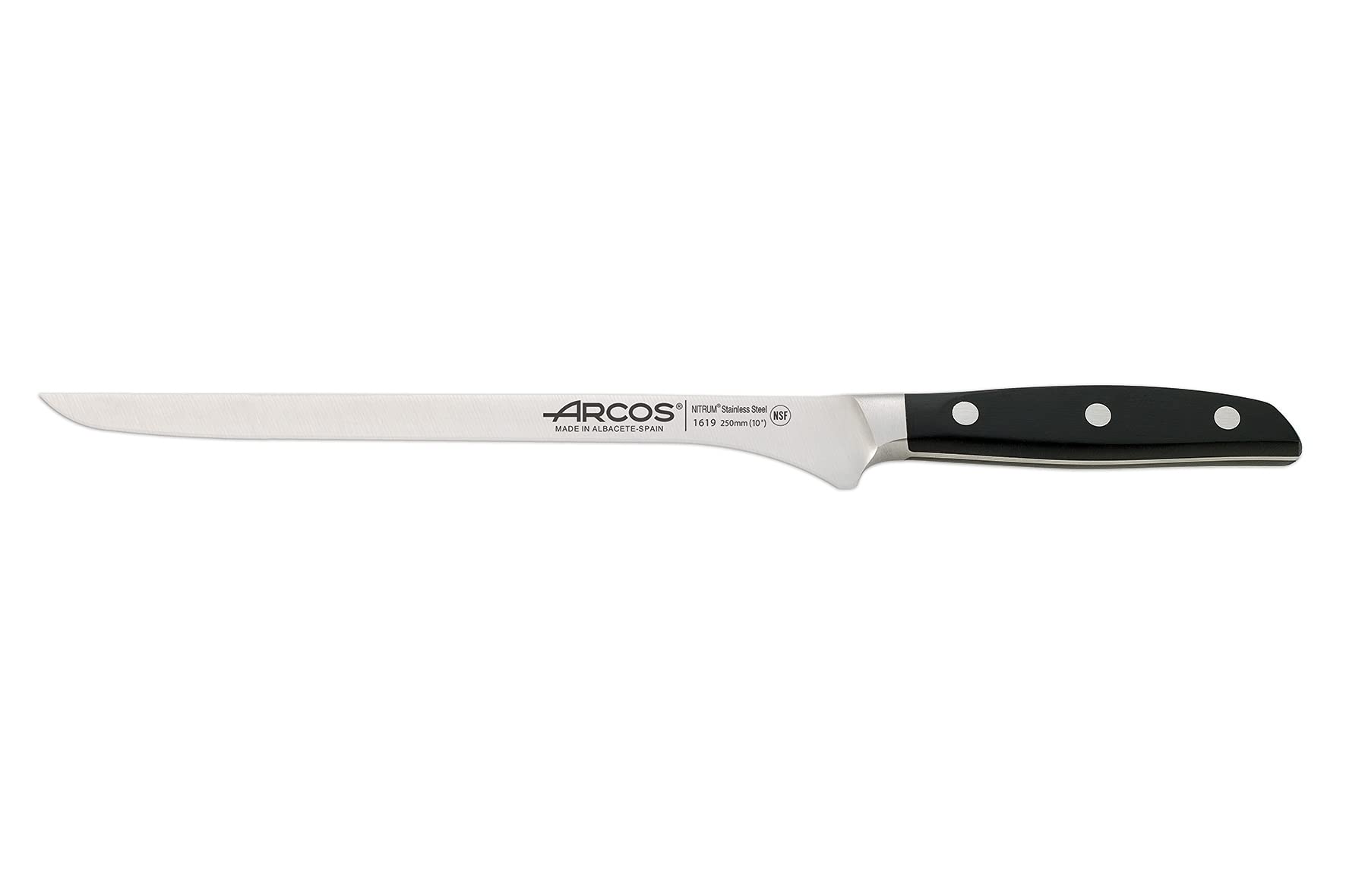 ARCOS Carving Knife 10 Inch Stainless Steel. Ham Slicer Knife to Cut Ham and Meat. Ergonomic Polyoxymethylene Handle and 250mm Blade. Series Manhattan. Color Black