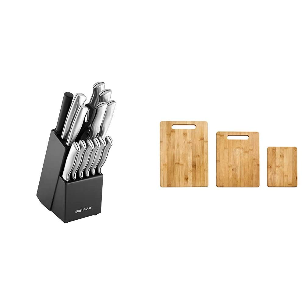 Farberware Stamped 15-Piece High-Carbon Stainless Steel Knife Block Set, Steak Knives & 3-Piece Bamboo Cutting Board, Set of 3 Assorted Sizes, Brown