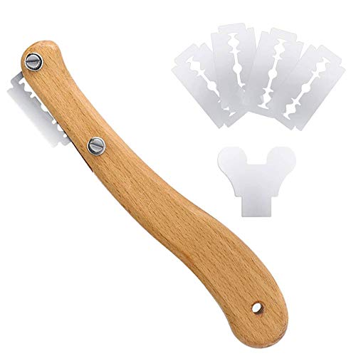 ETSAMOR Bread Bakers Lame Hand Crafted Wooden Handle Bread Slashing Tool for Bread Slicer Cake Cutter with Plastic Protective Cover 5 Sharp Blades